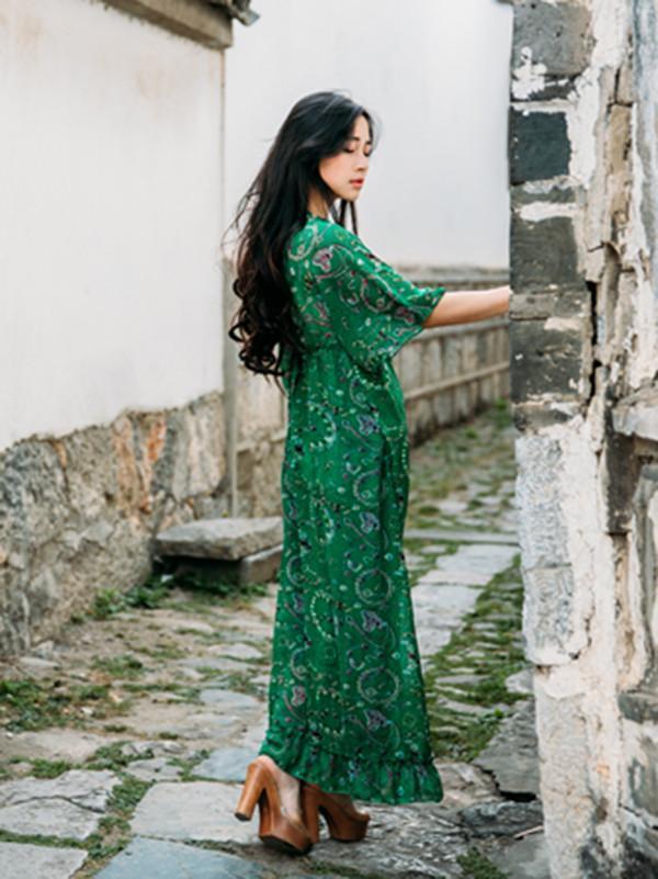 Chiffon Floral Printed Short Sleeve V Neck Bohemia Beach Maxi Dress